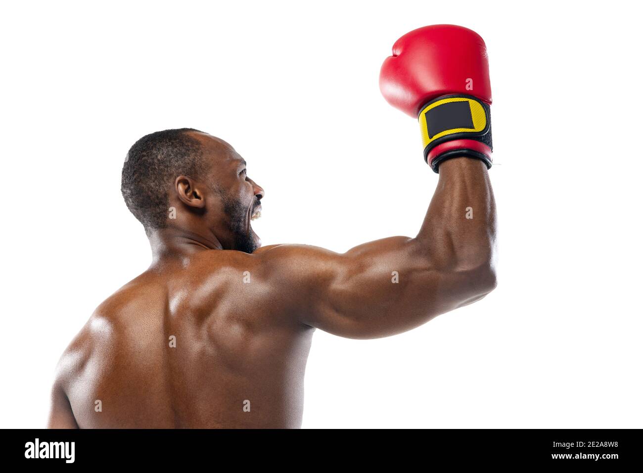 Muscular. Funny, bright emotions of professional african-american boxer ...