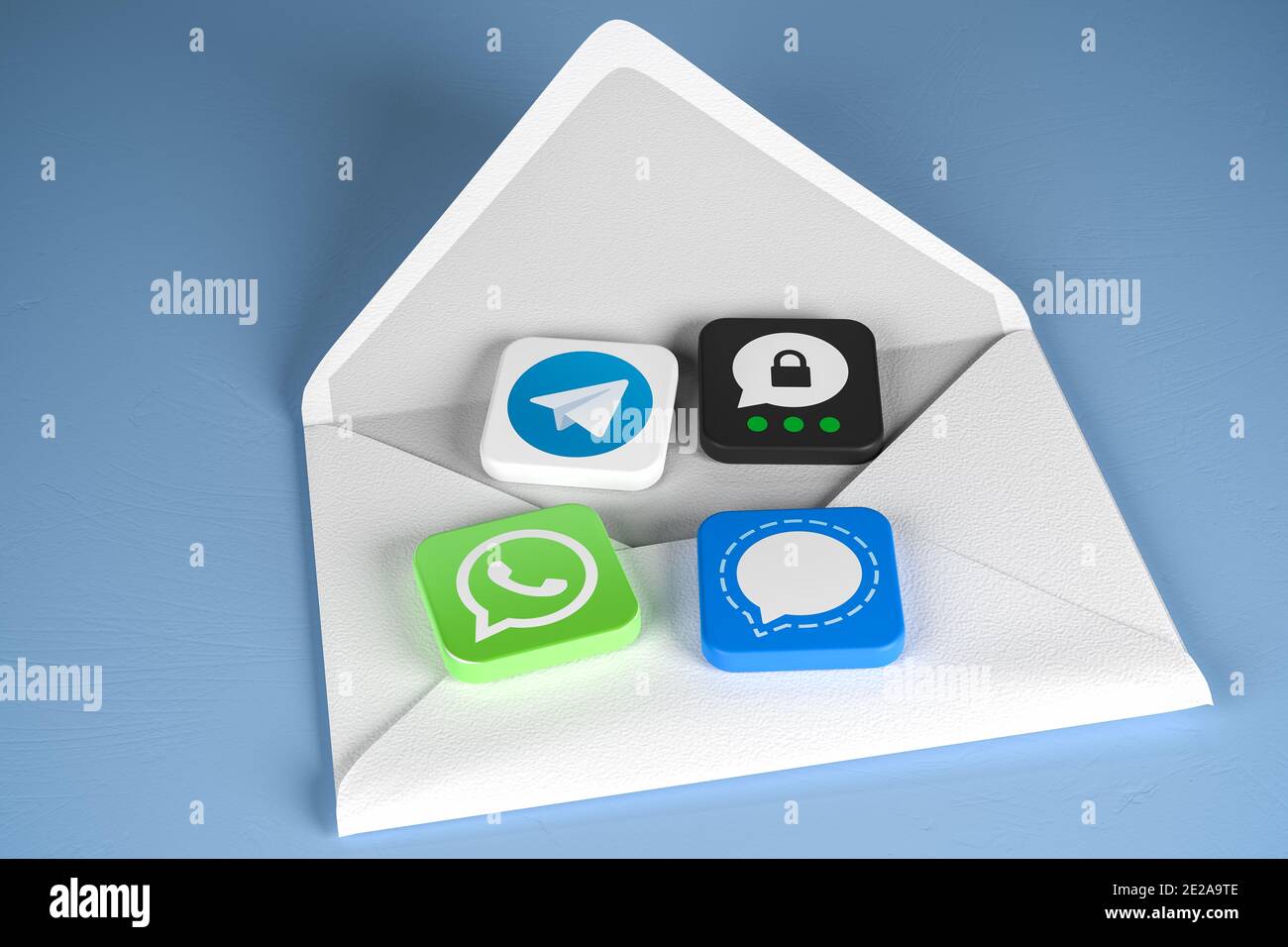 Logos of the mayor messaging apps as tiles on an envelope on a light ...