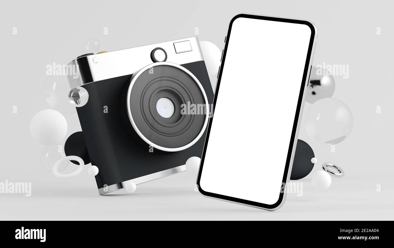 Social media camera and smartphone mock up 3d rendering Stock Photo - Alamy
