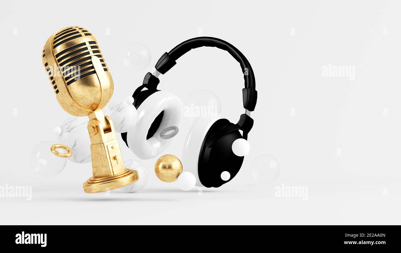 Golden microphone and headphones floating 3d rendering Stock Photo - Alamy