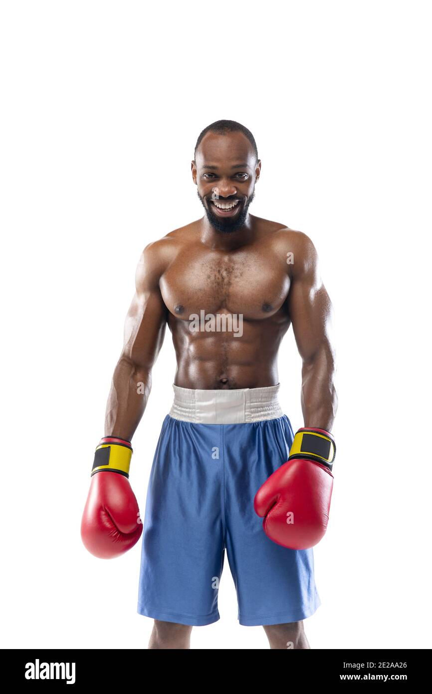 Smiling. Funny, bright emotions of professional african-american boxer ...