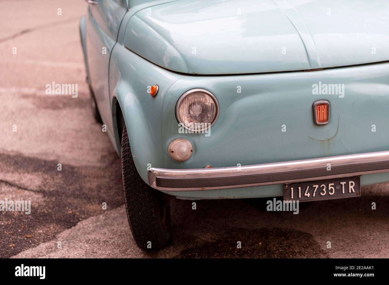 terni,italy January 13 2021:details of a light blue vintage fiat 500 ...