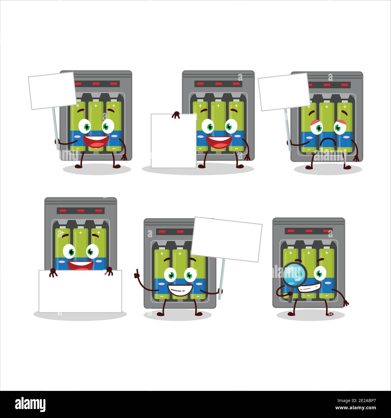 Electric battery charge cartoon character bring information board ...