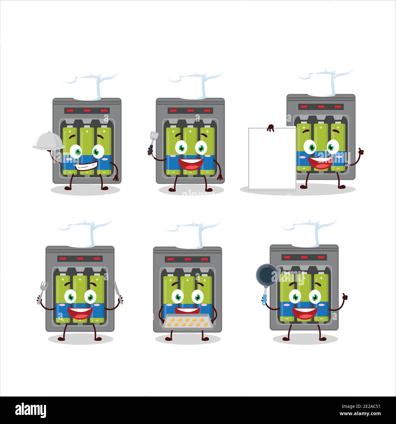 Cartoon character of electric battery charge with various chef ...