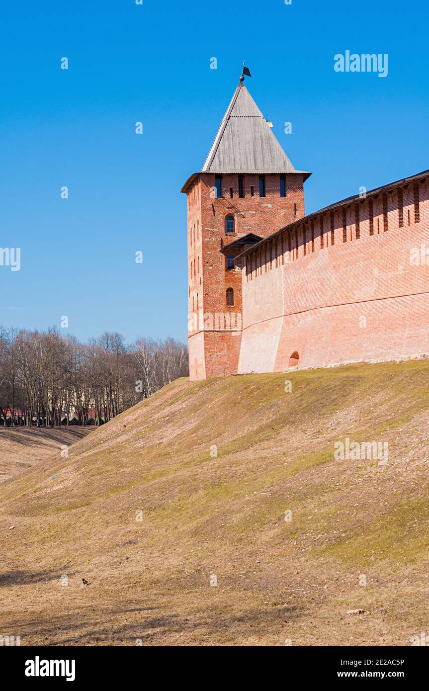 Spring sunny view of Veliky Novgorod, Russia. Tower of Veliky Novgorod ...