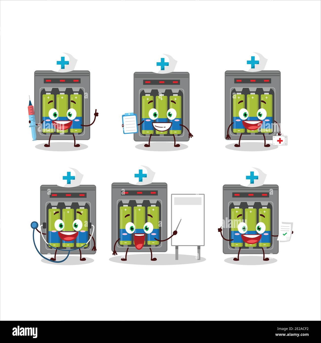 Doctor profession emoticon with electric battery charge cartoon ...