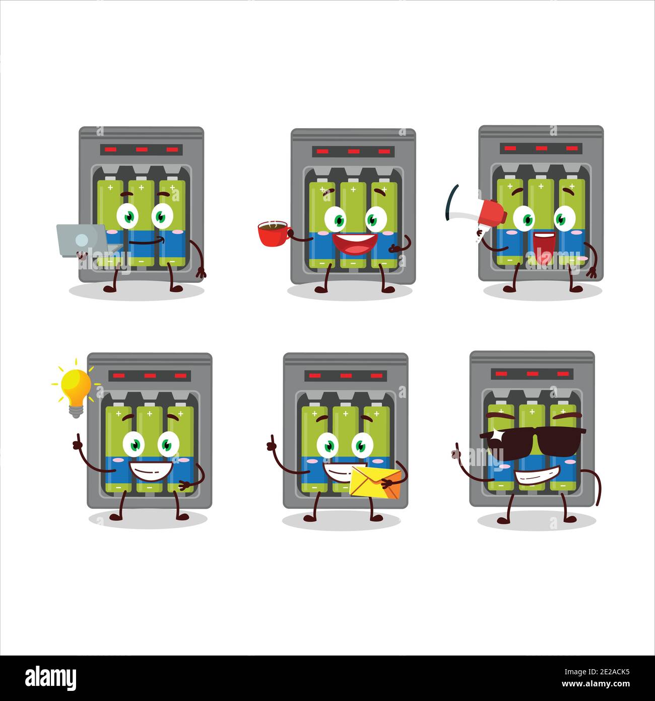 Electric battery charge cartoon character with various types of ...