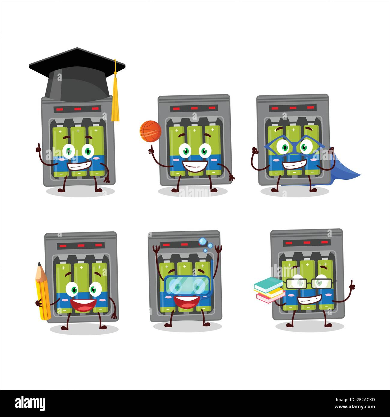 School student of electric battery charge cartoon character with ...