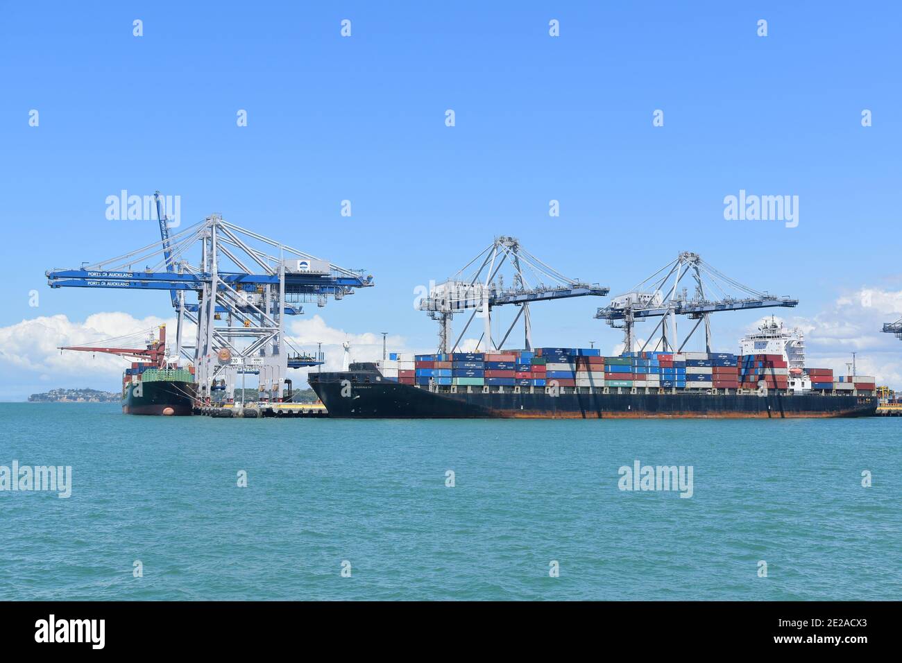 AUCKLAND, NEW ZEALAND - Jan 03, 2021: View of container ships and ...