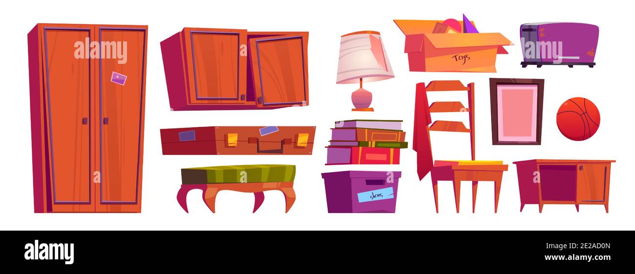 Old furniture, archive items on house attic or in storage room. Vector ...