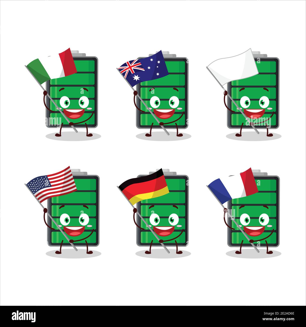 Fully charge battery cartoon character bring the flags of various ...