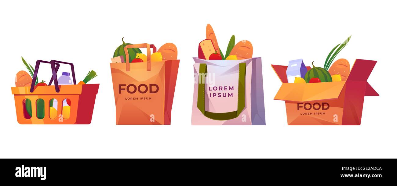 Shopping bags, supermarket basket and box with grocery. Vector cartoon ...