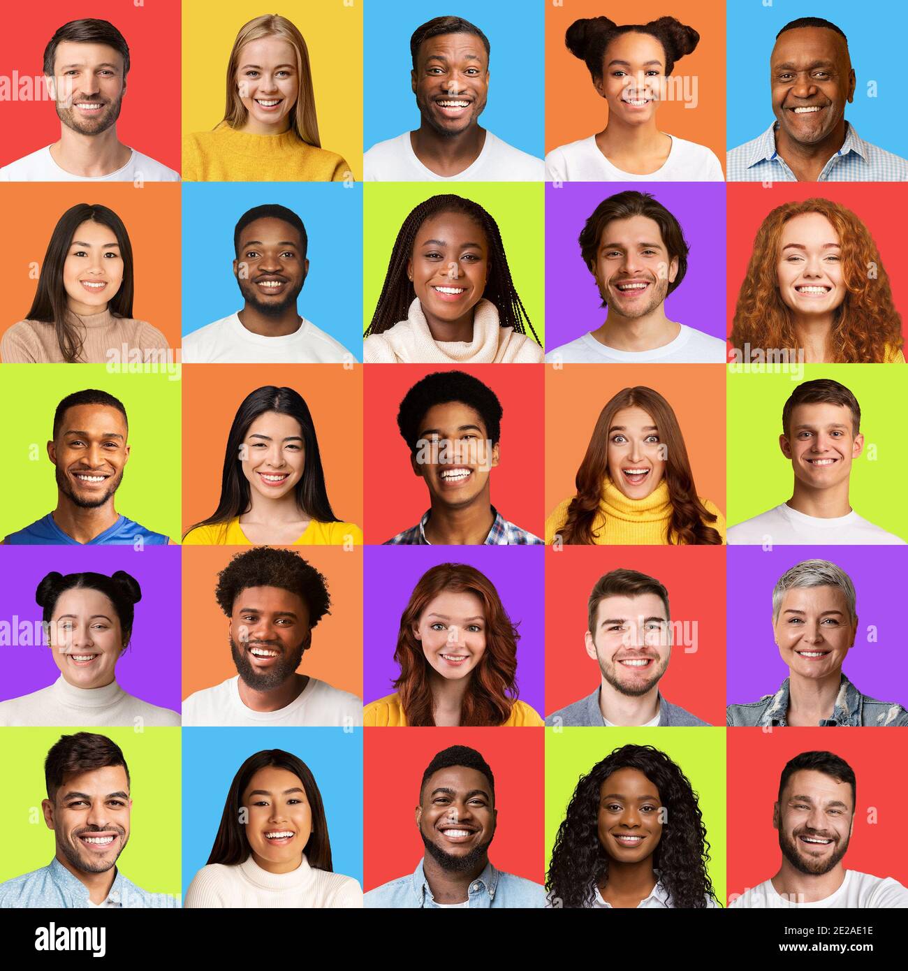 Square Collage With Mixed People Faces Over Different Colorful ...