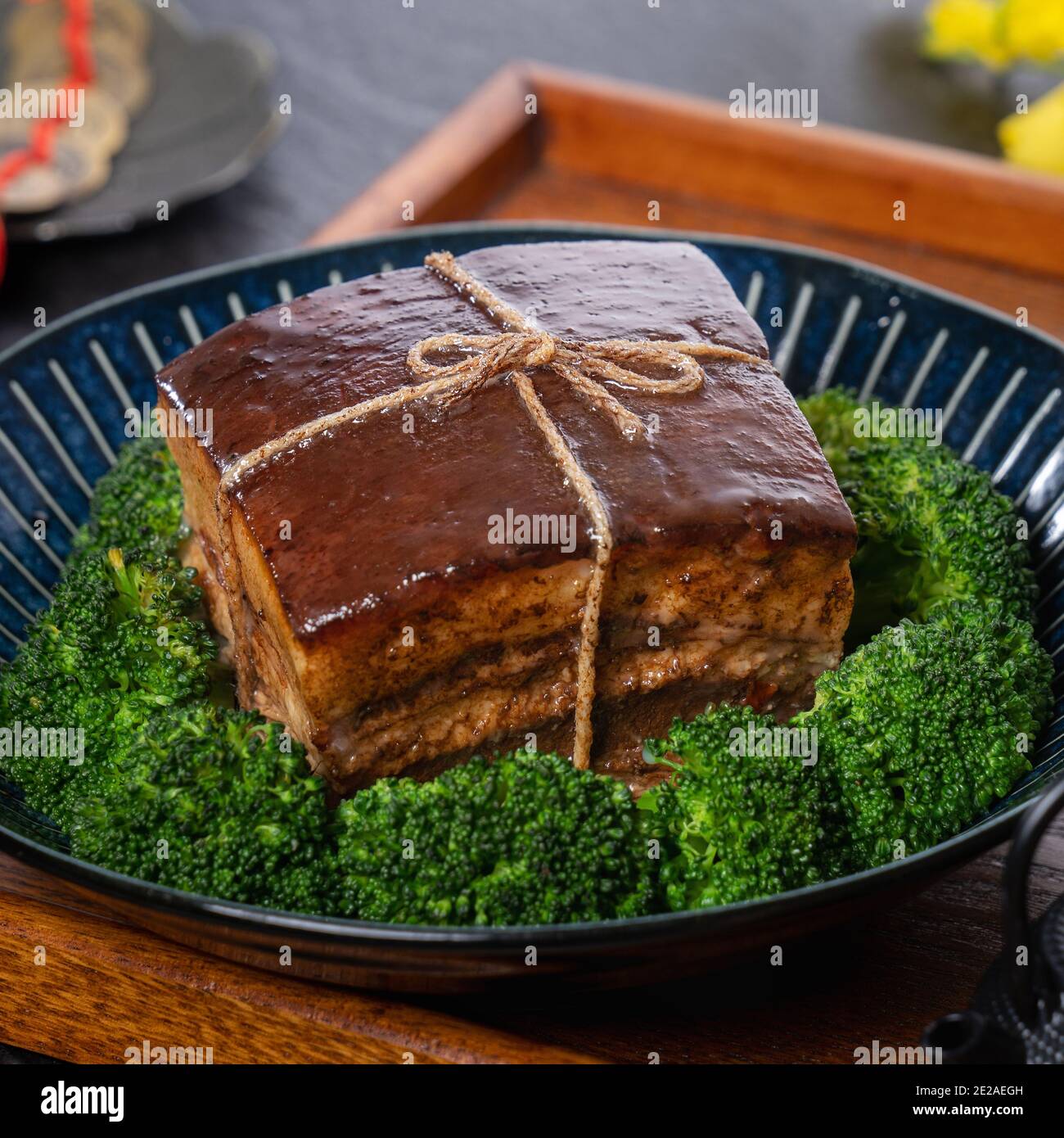 Dong Po Rou (Dongpo pork meat) in a beautiful blue plate with green ...