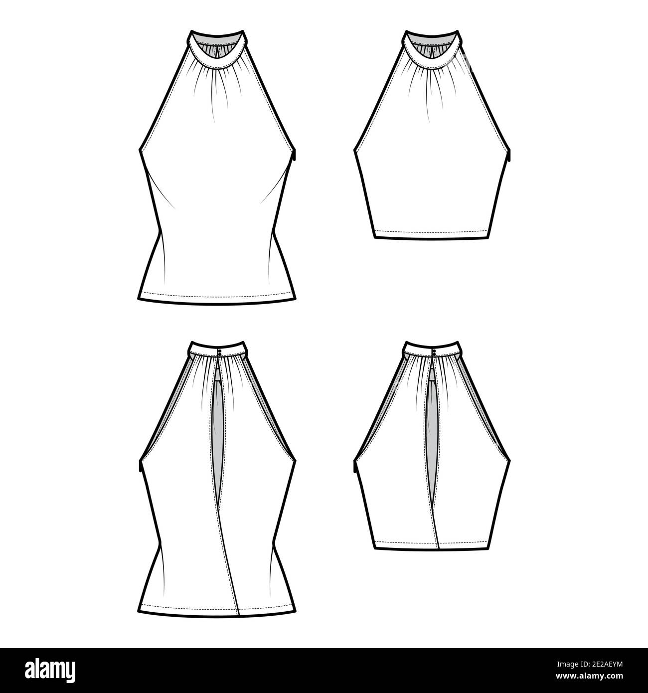 Set of Tops banded high neck halter tank technical fashion illustration ...