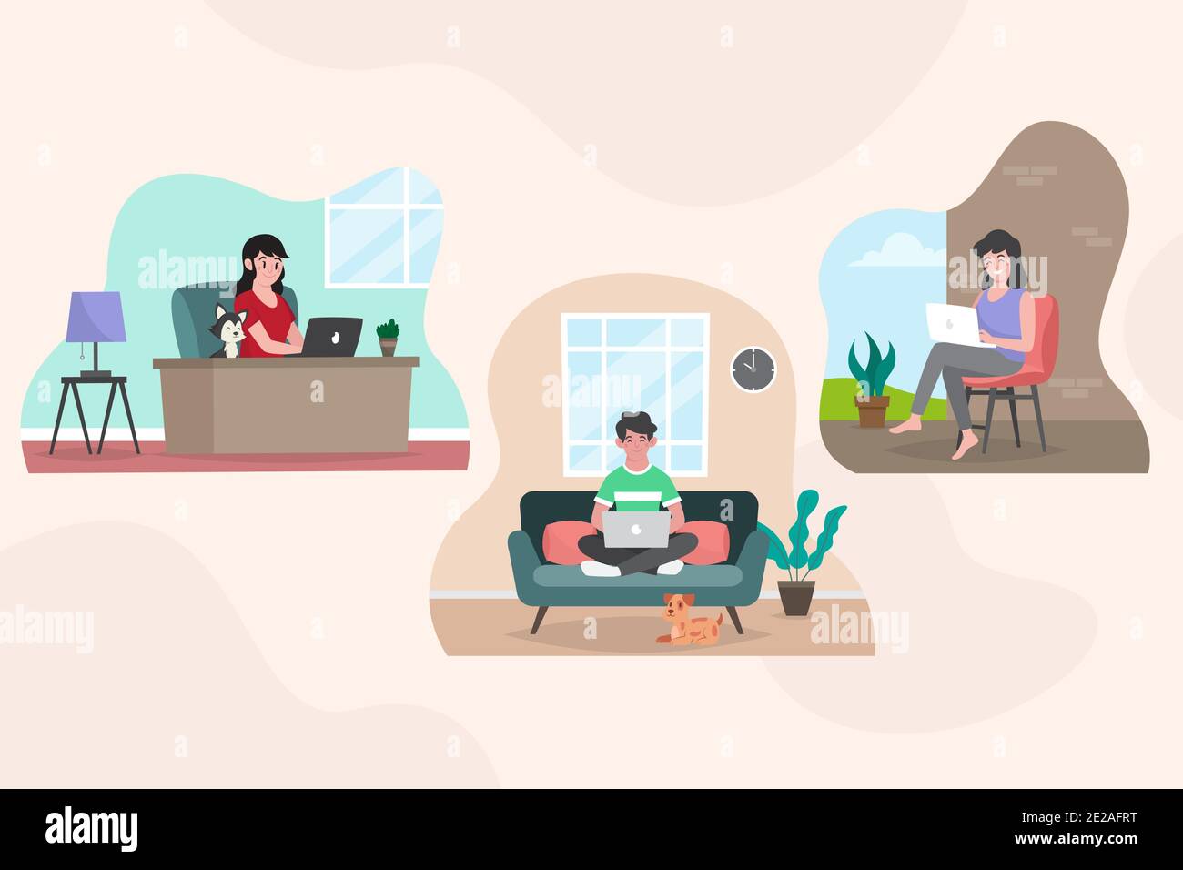 Flat-hand drawn remote working scenes Vector illustration Stock Vector ...