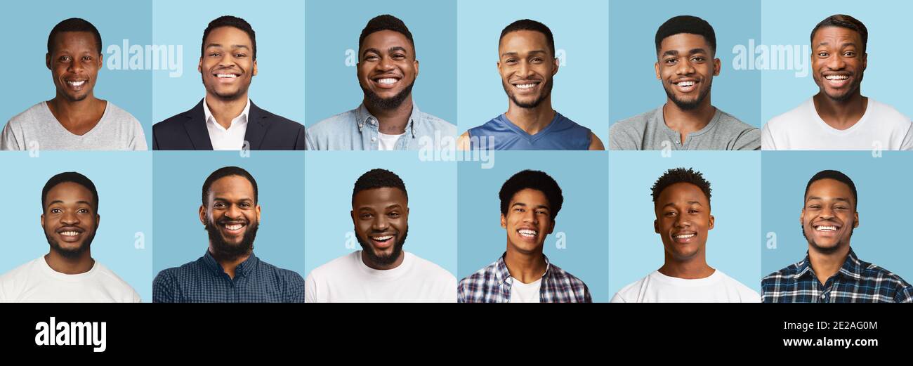 Collage of happy black men smiling on blue backgrounds Stock Photo - Alamy