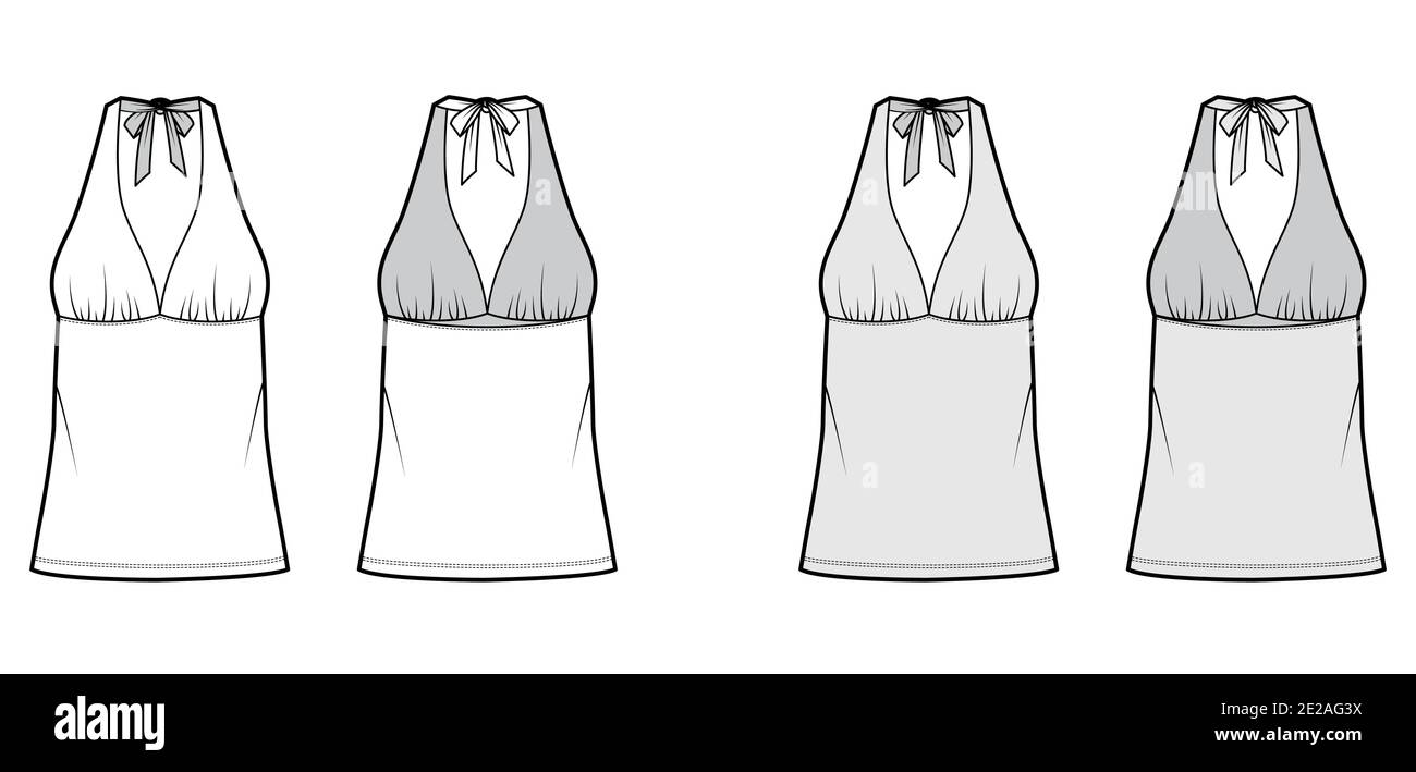 Top empire seam and tieback halter tank technical fashion illustration ...