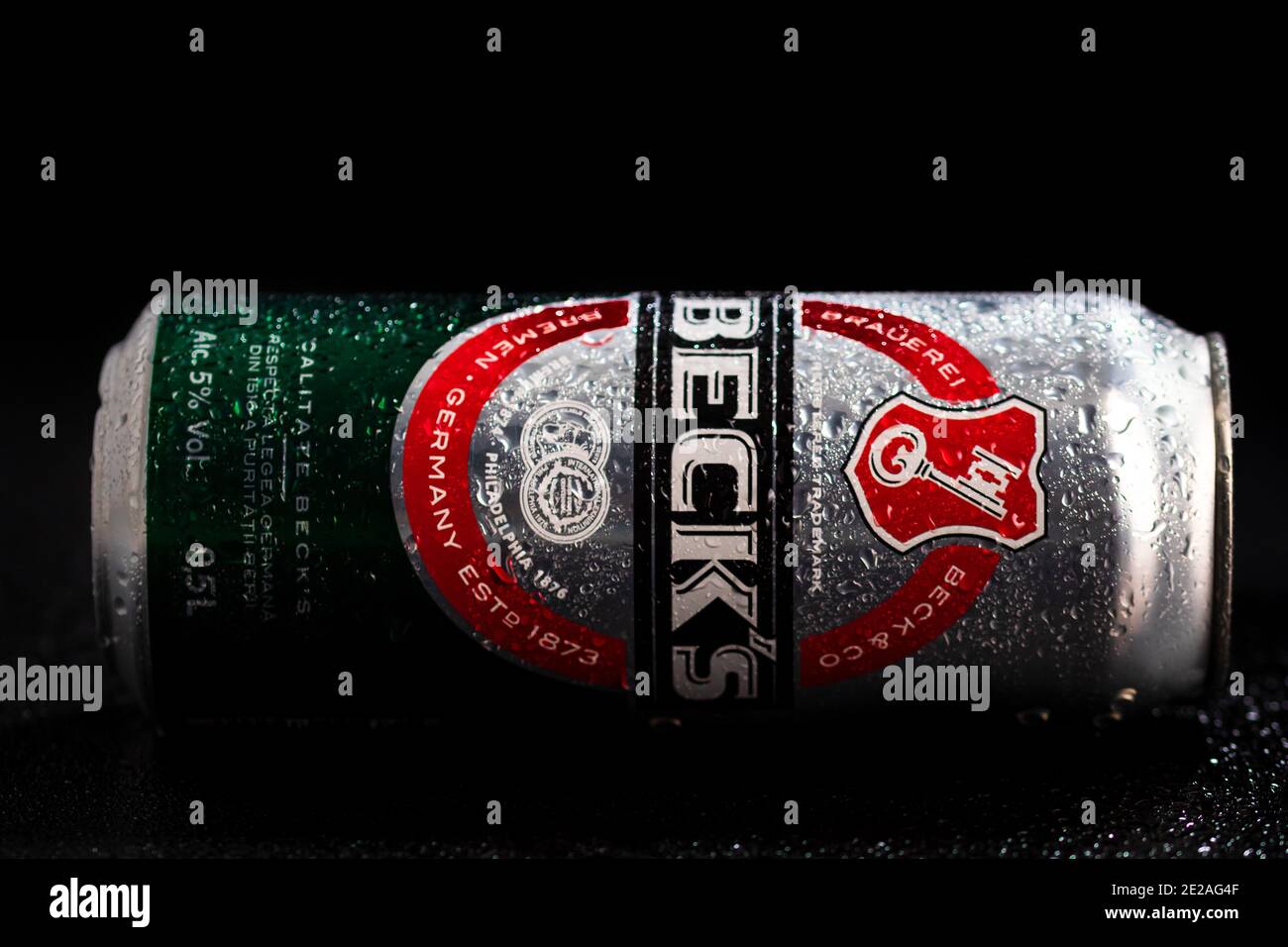 Condensation water droplets on Beck`s beer can isolated on black ...