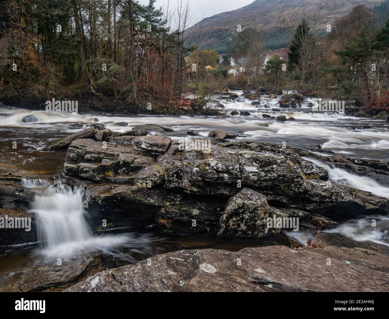 The Falls of Dochart waterfalls situated on the River Dochart at Killin ...
