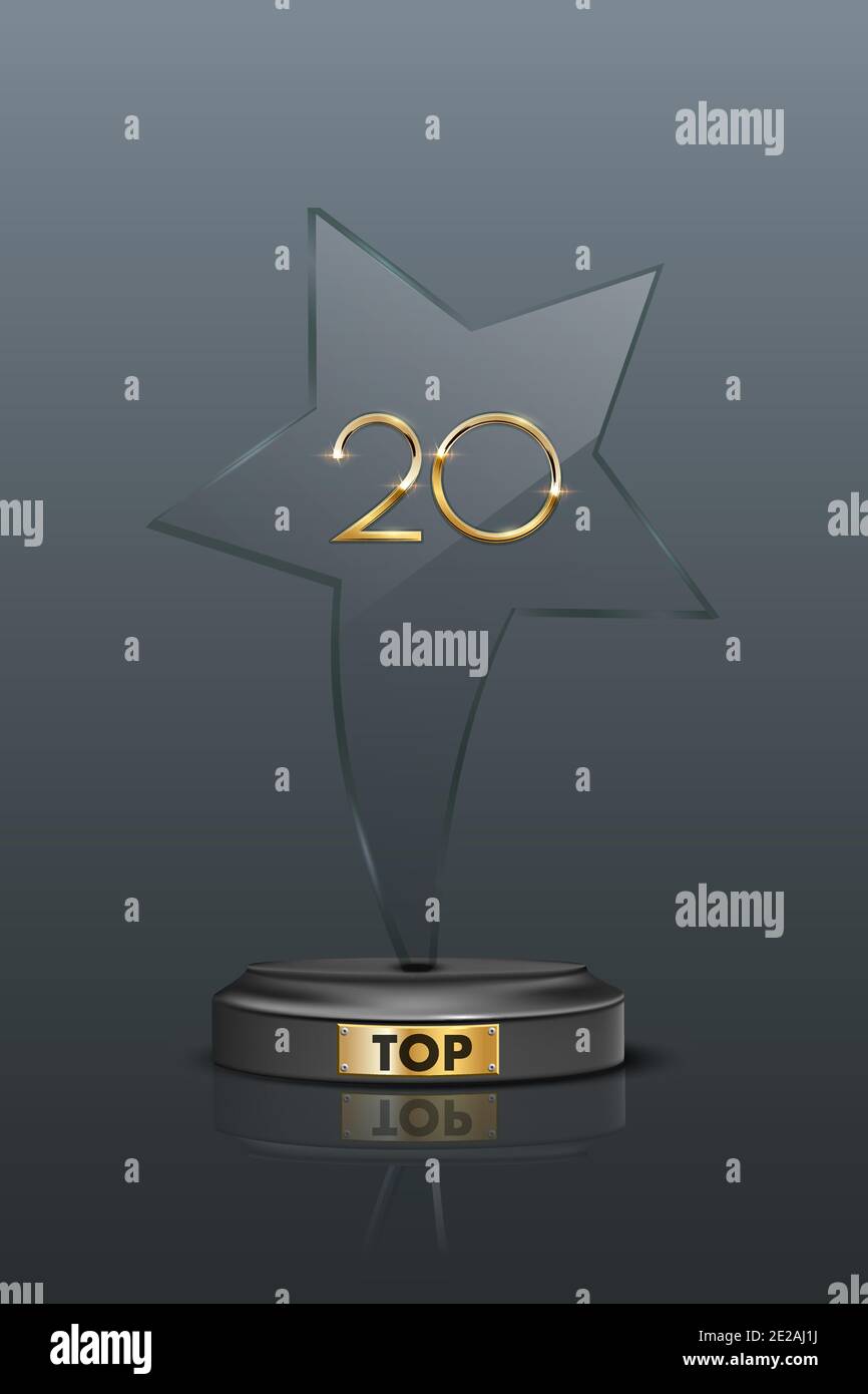 Top 20 award trophy. Star shaped prize with gold number twenty ...