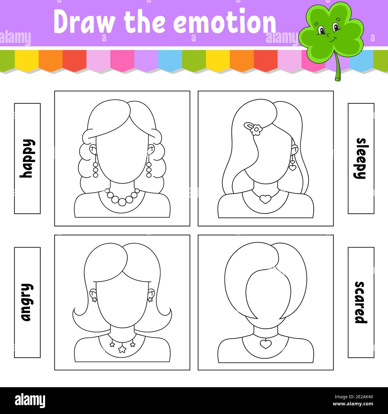 Draw the emotion. Worksheet complete the face. Coloring book for kids ...