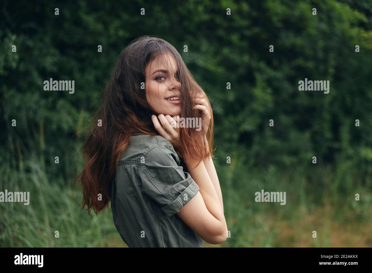 Woman in the forest Smile charm fresh air travel vacation background ...