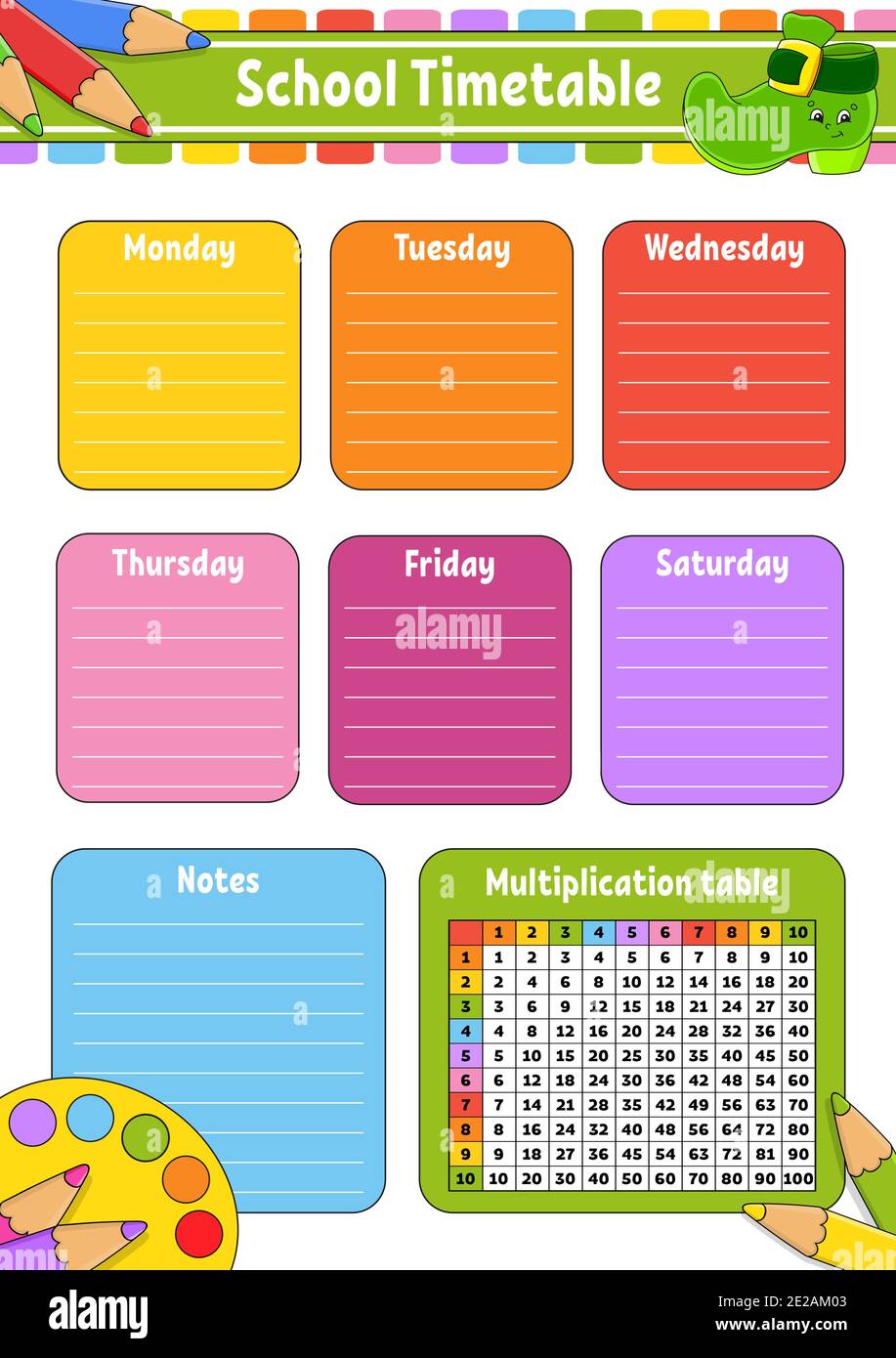 School timetable with multiplication table. For the education of ...