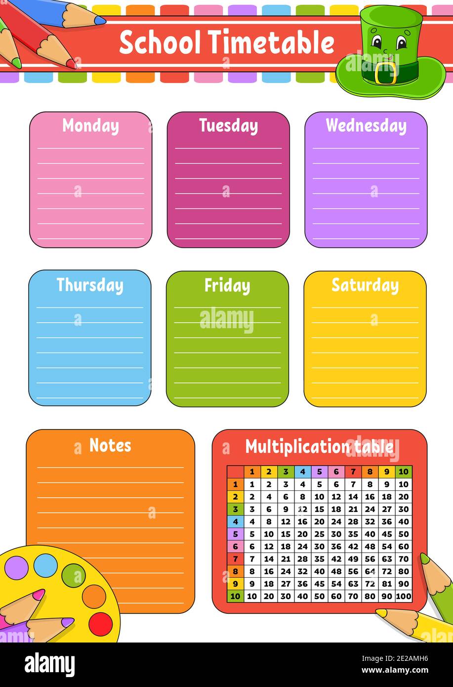 School timetable with multiplication table. For the education of ...