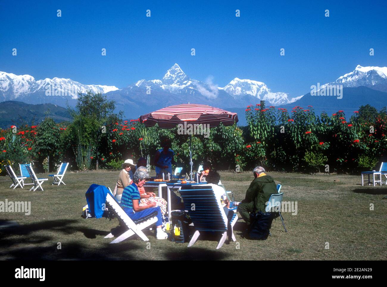 Snow covered peaks of Fishtail Mountain local name Machapuchare seen by ...