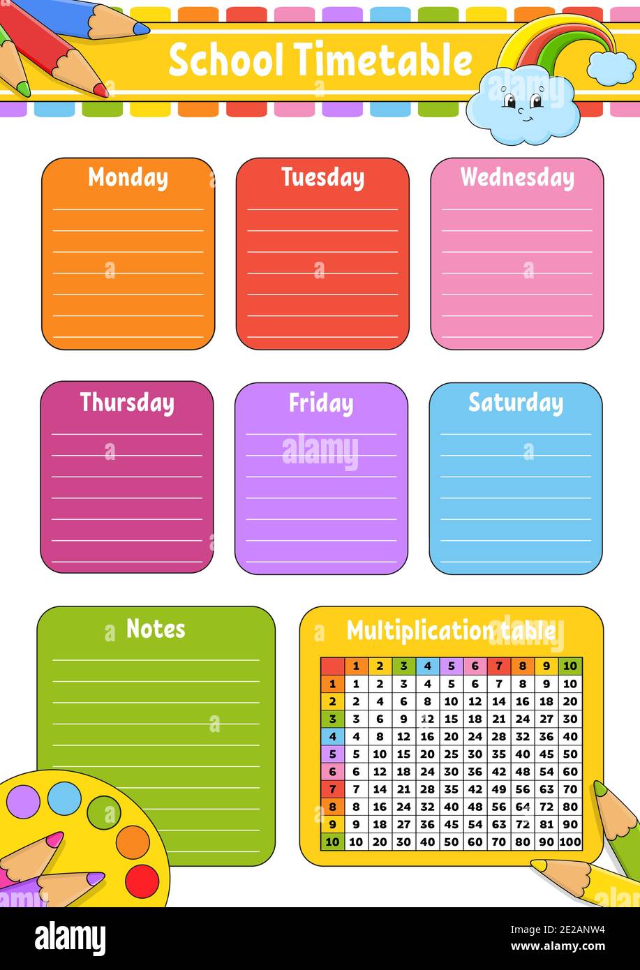 School timetable with multiplication table. For the education of ...