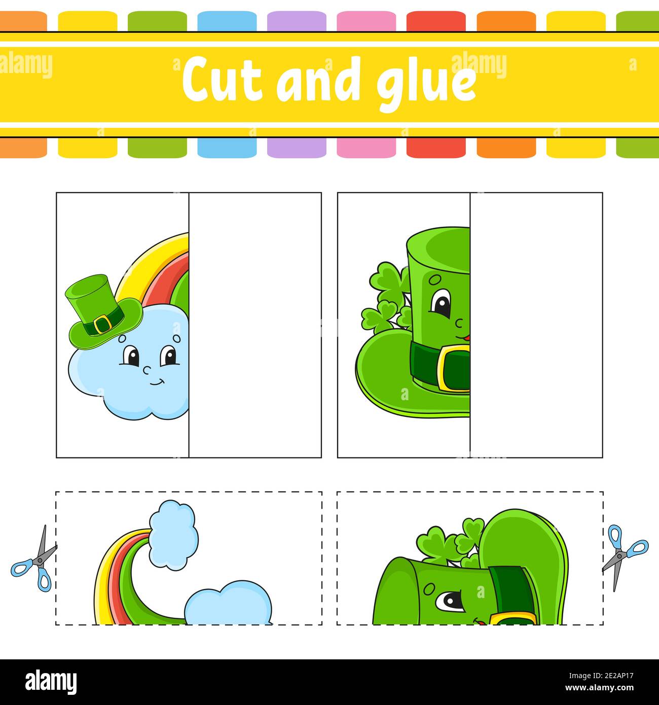 Cut and play. Paper game with glue. Flash cards. rainbow, hat ...