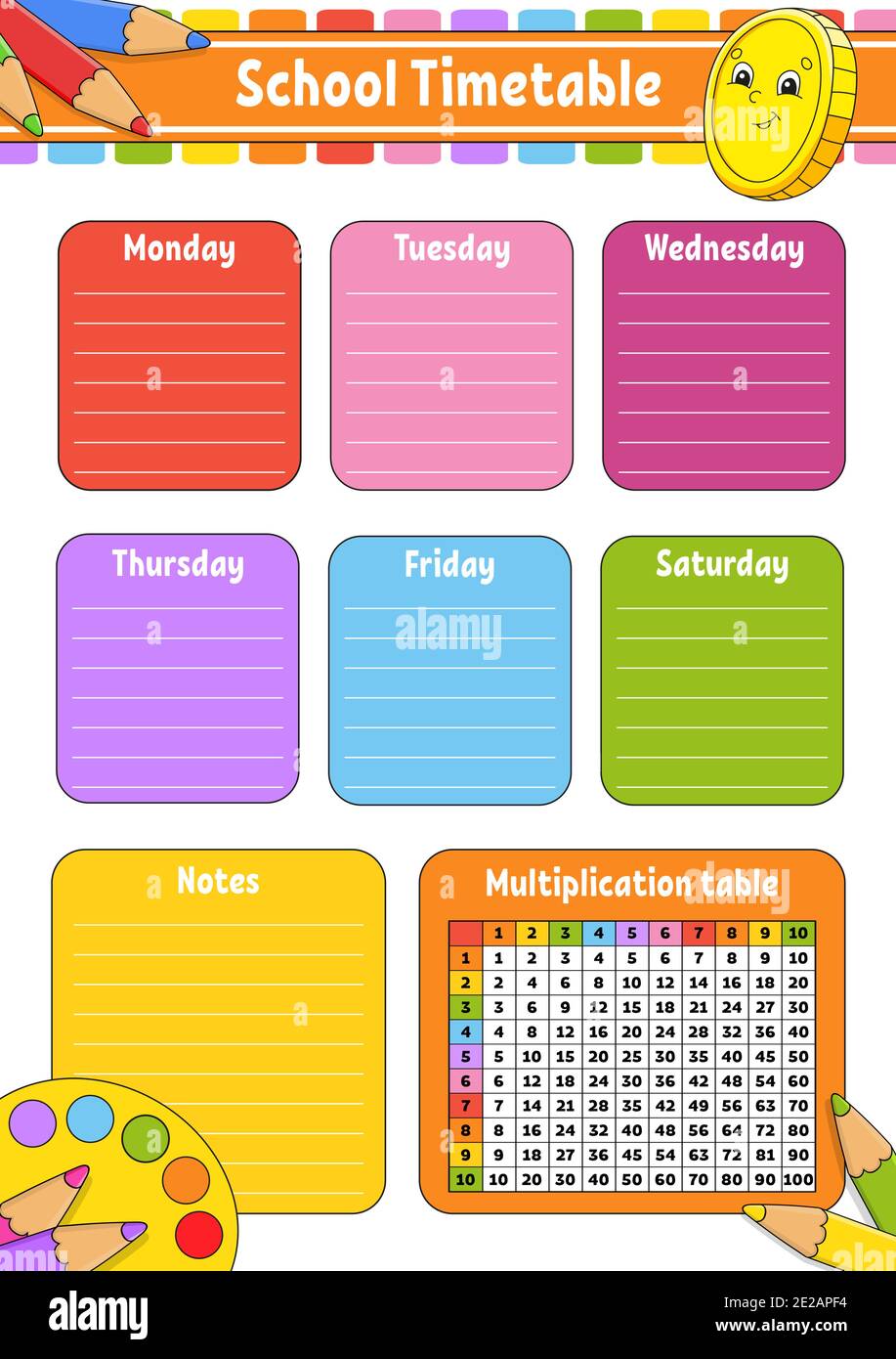 School timetable with multiplication table. For the education of ...