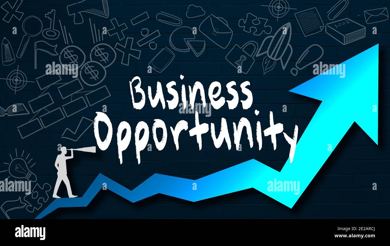 Text 'business opportunity' with a blue arrow and a man silhouette ...