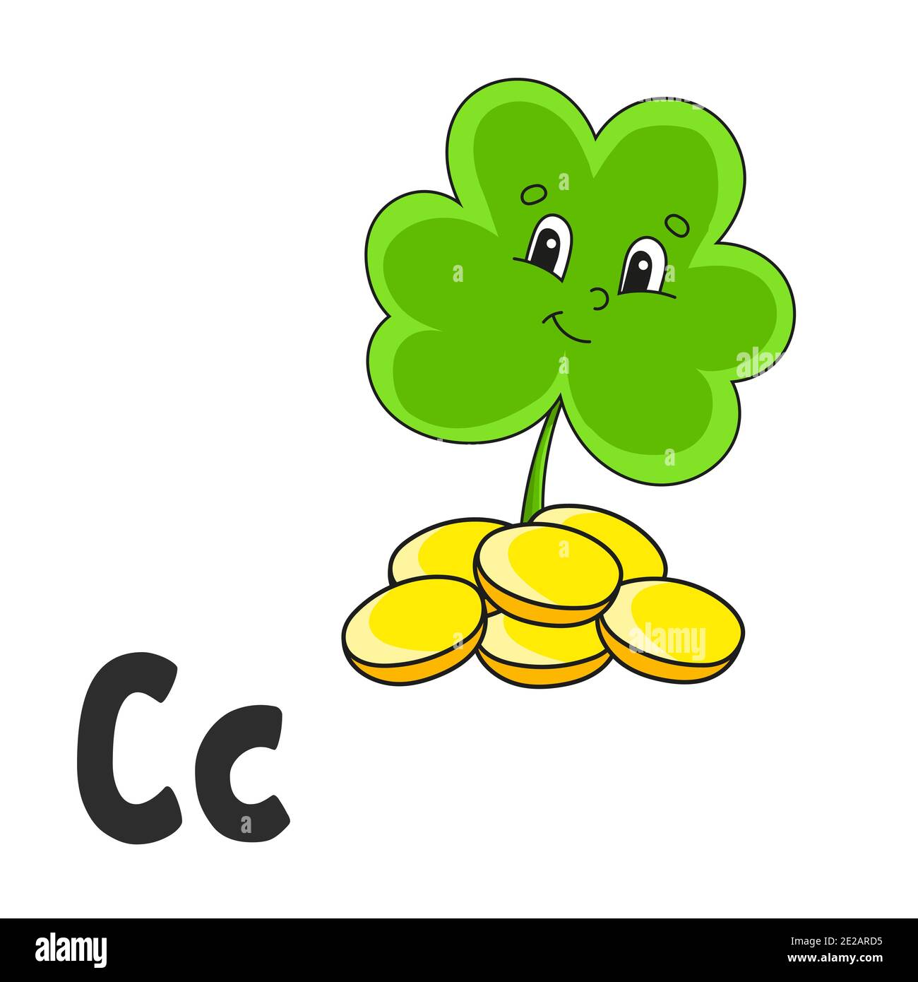 Alphabet letter C. Clover with coins. ABC flash cards. Cartoon cute ...