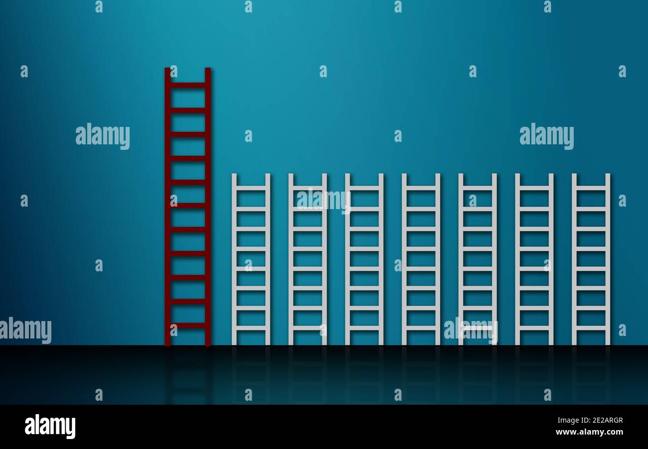 Red ladder among others white ladders on a blue background Stock Photo ...