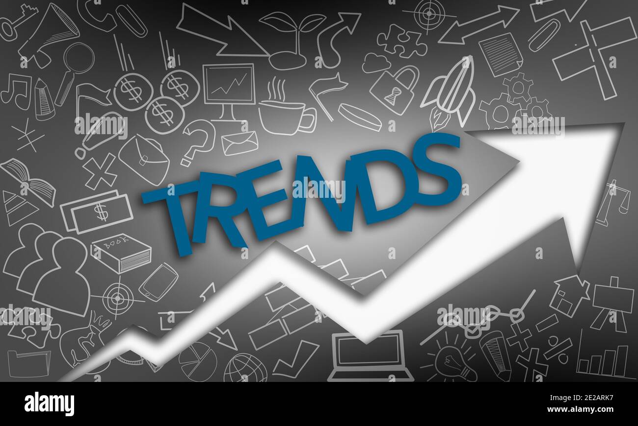 Word 'trends' over an arrow on a gray background with icon drawings ...