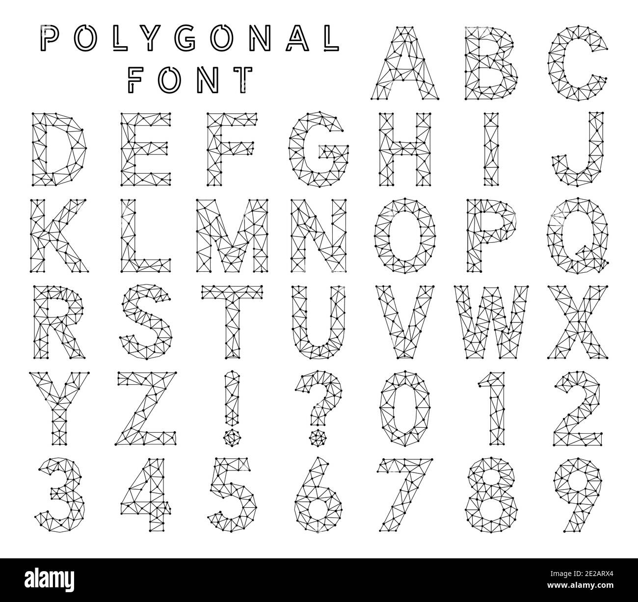 Polygonal font made from lines and dots. Low poly alphabet letters and ...