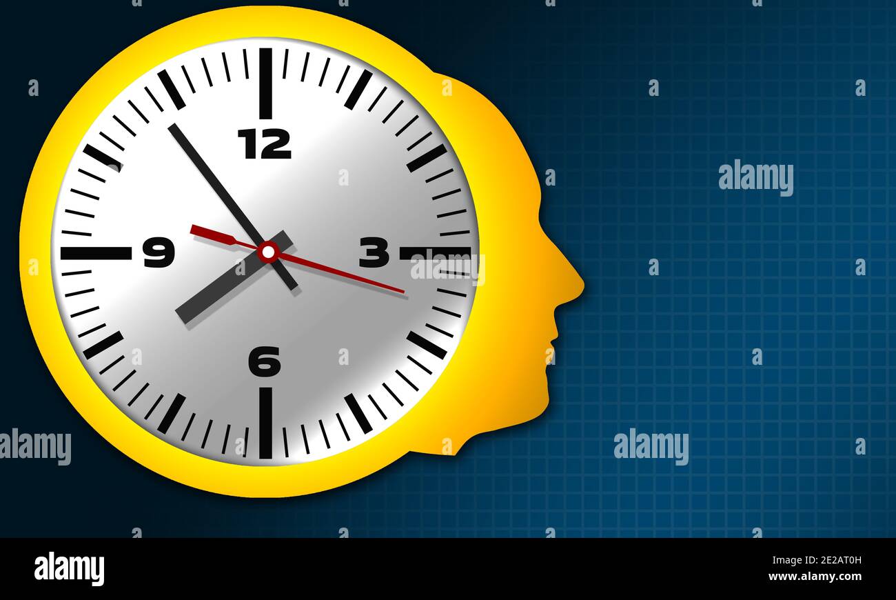 Time concept as a clock with a human head isolated on a blue background ...