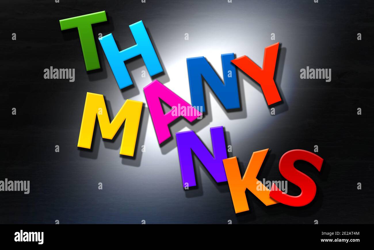 Text 'many thanks' composed of multicolored letters Stock Photo - Alamy