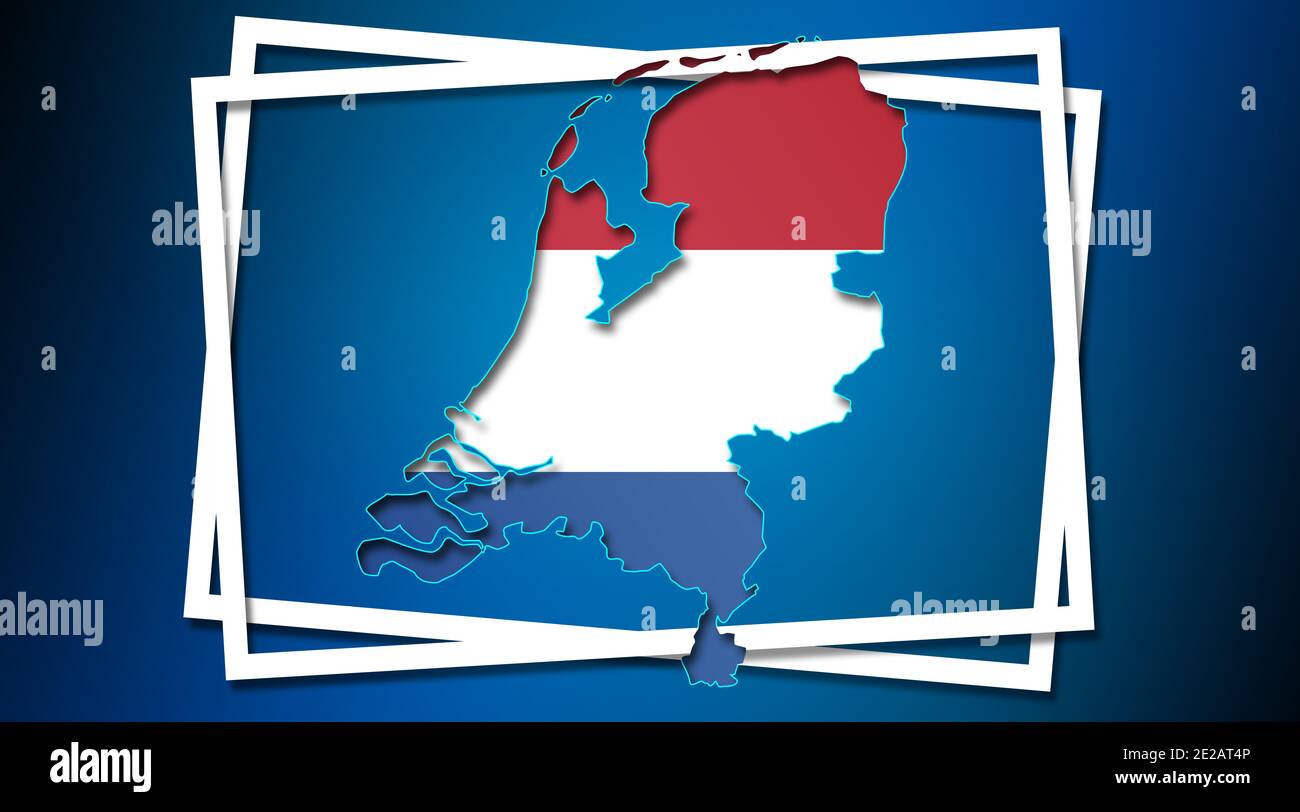3D rendering of a map of Netherlands land border with a flag in white ...