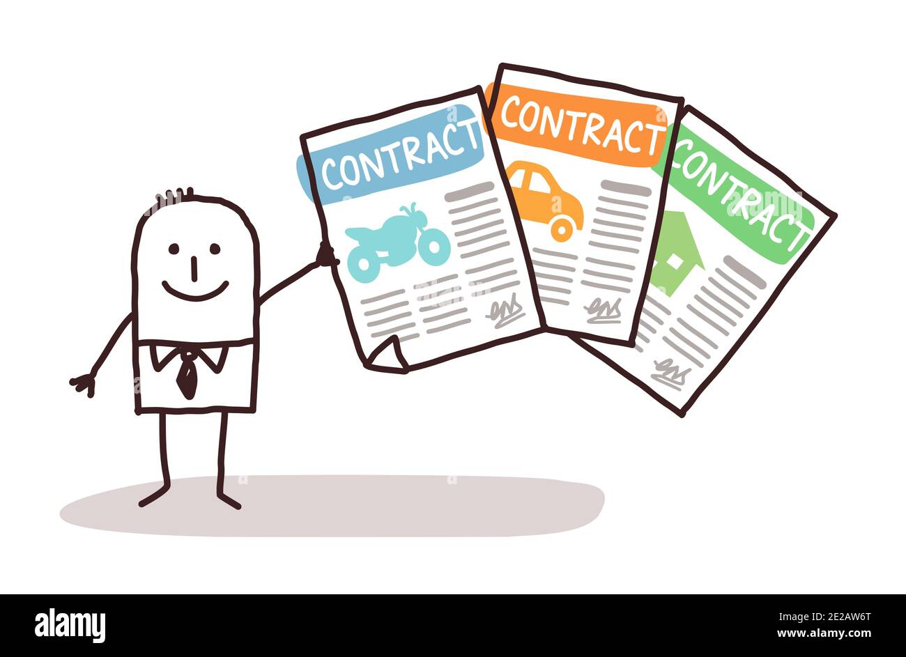 Hand drawn Cartoon Insurance Agent with Motorbike, Car and House ...