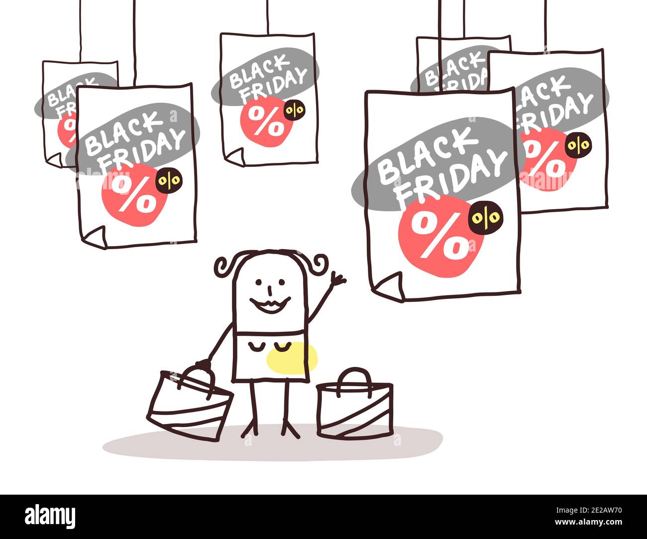 Hand drawn Cartoon Woman with Shopping Bags and Black Friday boards ...