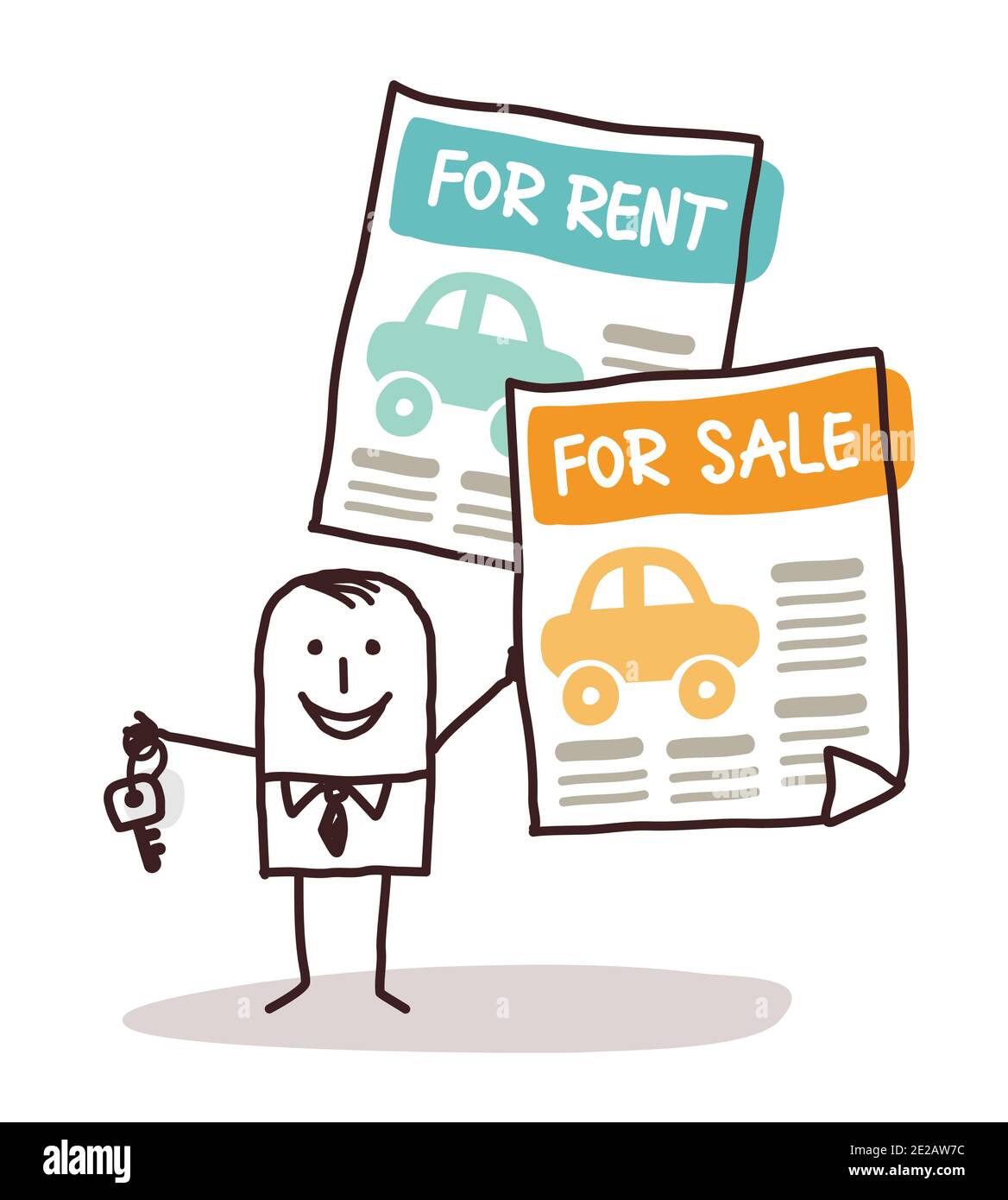 Hand drawn Cartoon Businessman with Key and Cars for Sale or Rent Stock ...