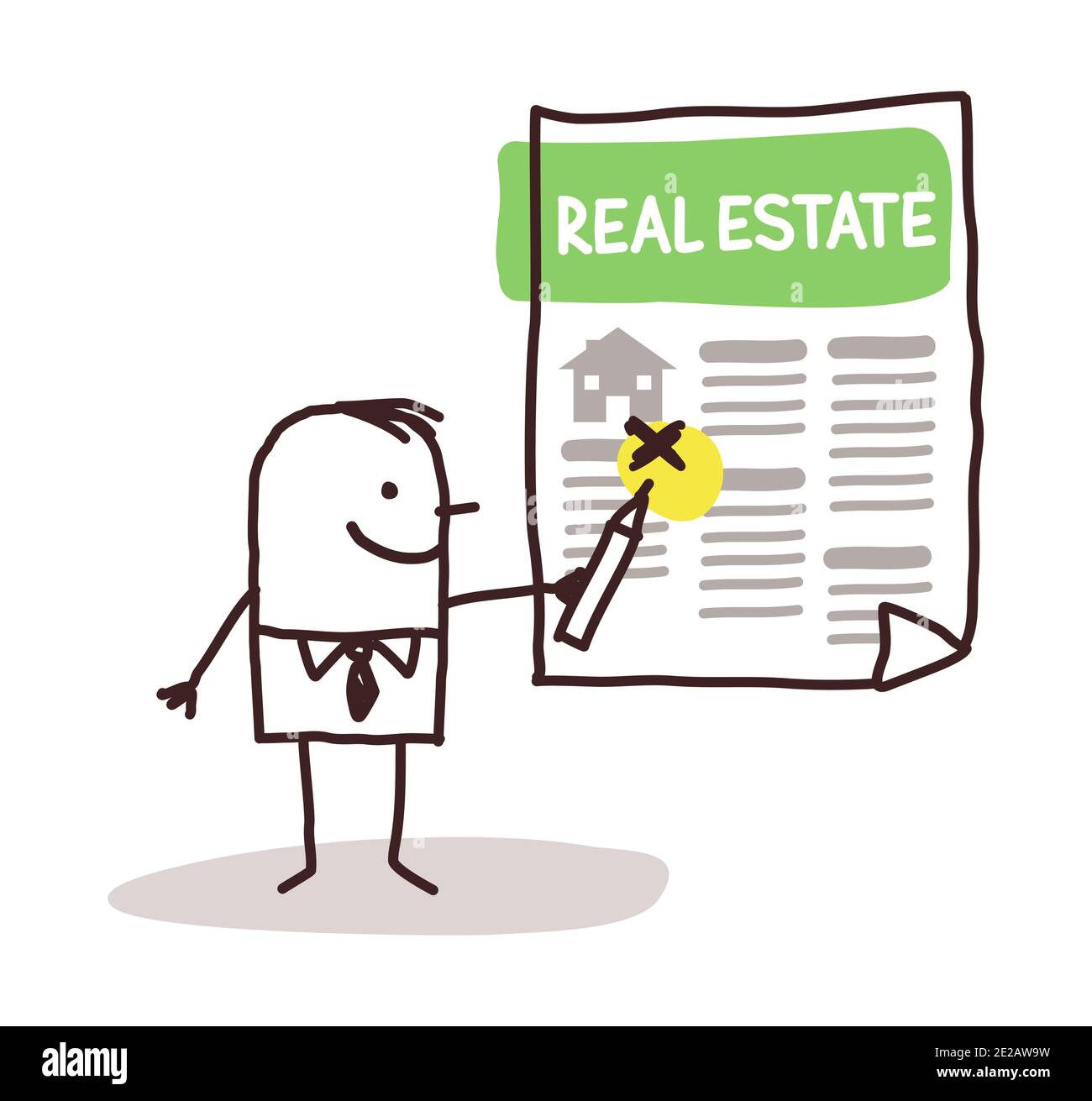 Hand drawn Cartoon Man Looking for a House in a Real estate Newspaper ...