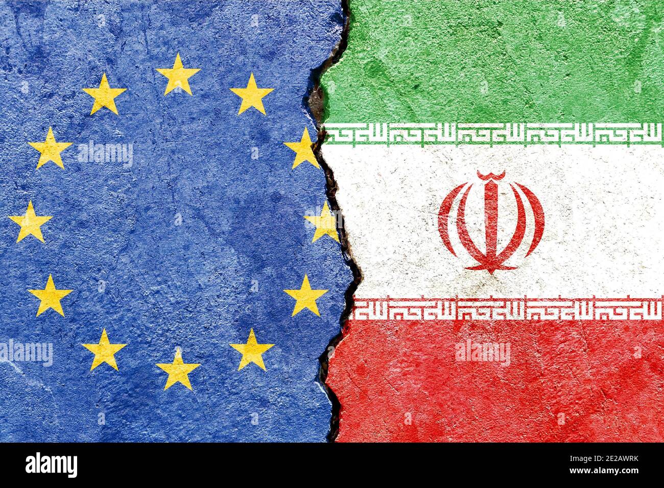 View of EU VS Iran national flags isolated on broken cracked concrete ...