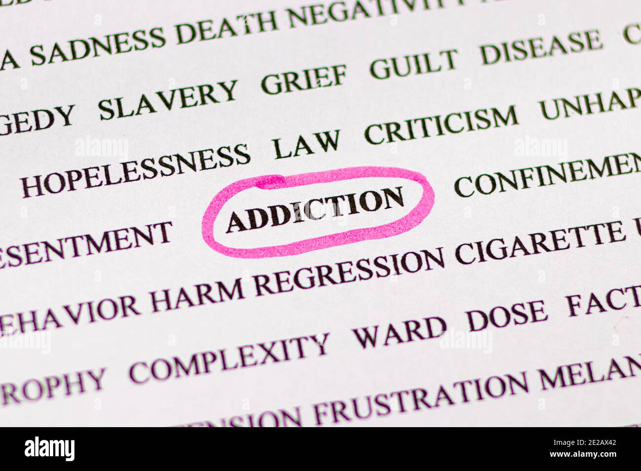 Highlighting the word addiction with a pink marker, view through a ...