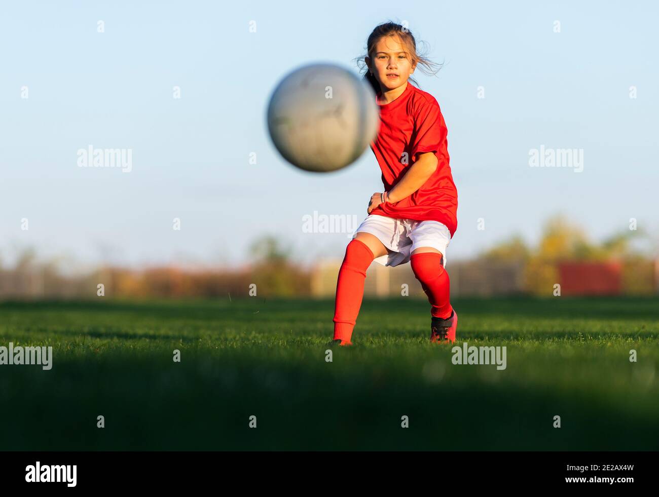 Girl kicks a soccer ball on a soccer field Stock Photo - Alamy