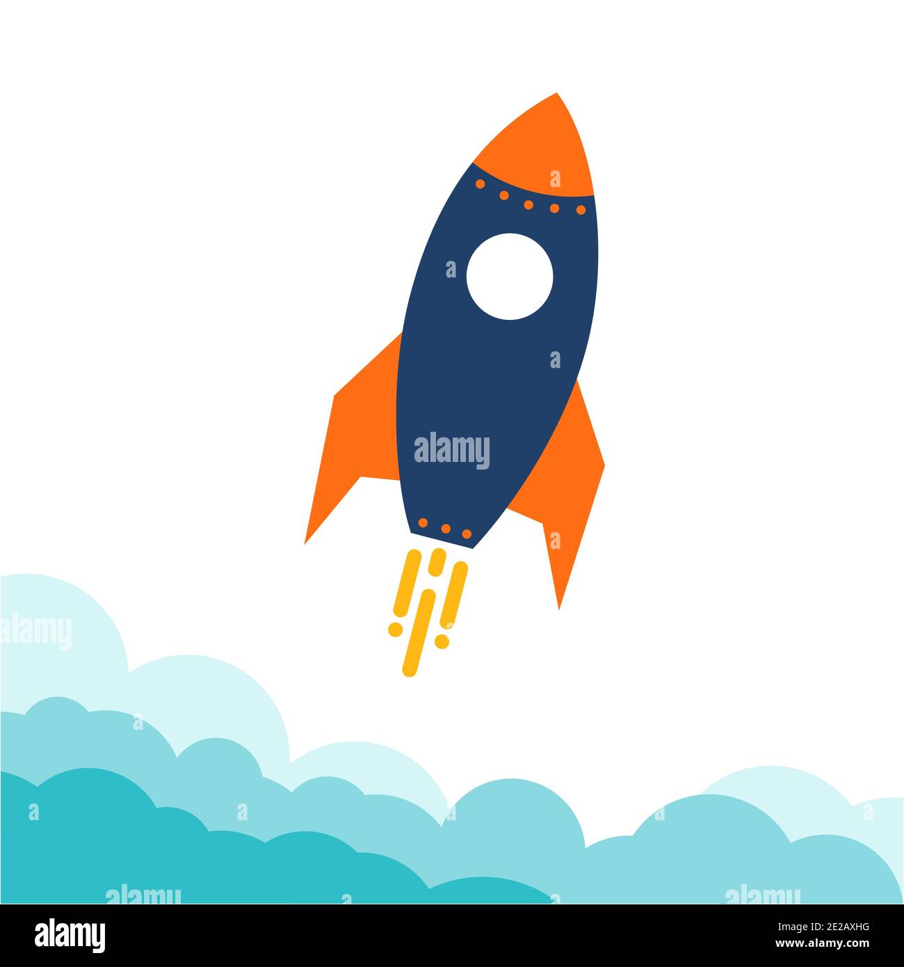 blue Rocket flies up above the blue clouds. Design rocket space ship in ...