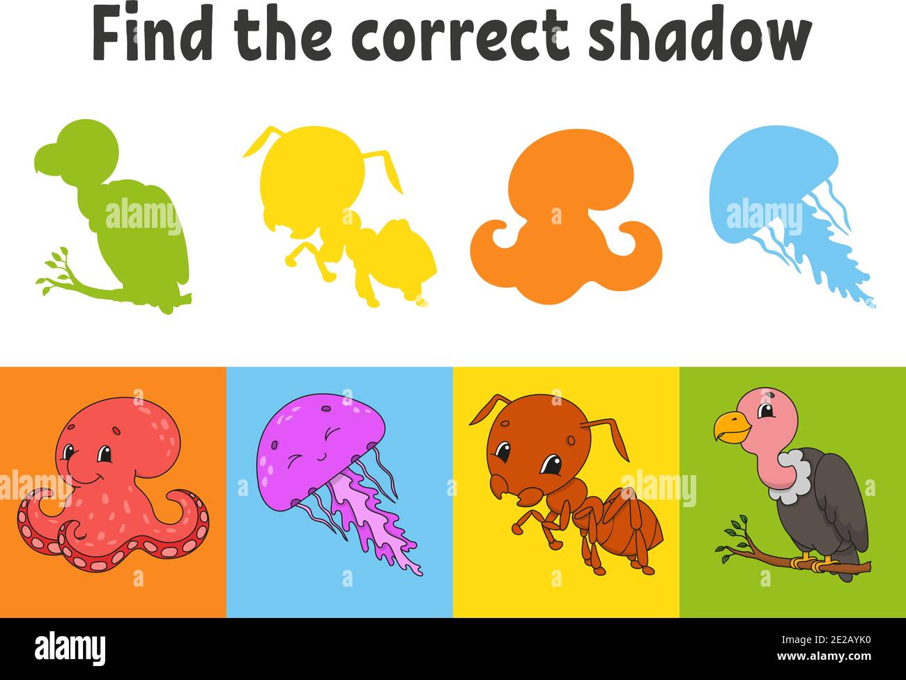 Find the correct shadow. Octopus, jellyfish, ant, vulture. Education ...
